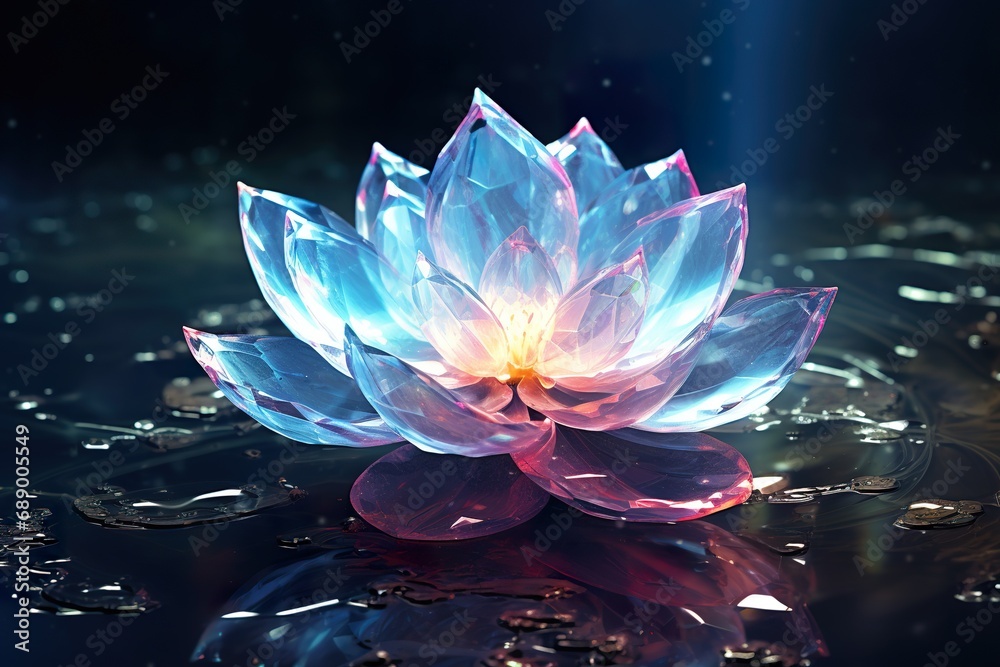beautiful leaves grow from a giant floating crystal flower, huge petals ...