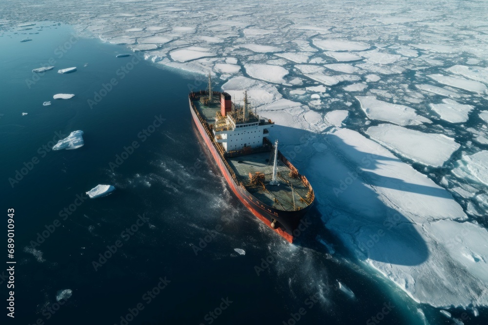 Ship breaking the sea ice. Polar north frozen water and artic ...