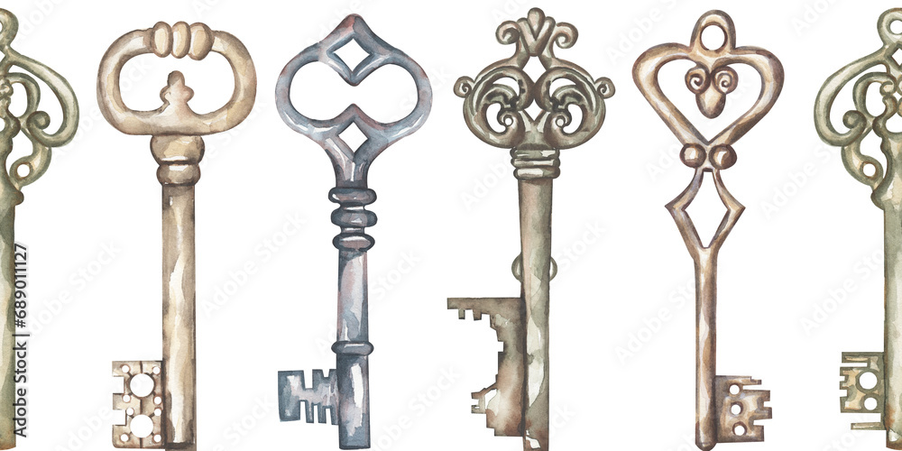 Watercolor retro style seamless border with keys clipart. Graphic ... Watercolor retro style seamless border with keys clipart. Graphic ...