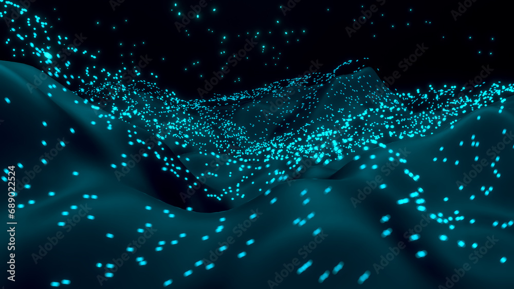 Particle waves in blue. Abstract shapes, illuminated particle, flying ...
