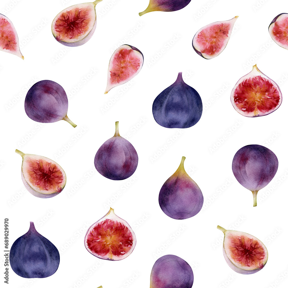 Watercolor figs seamless pattern isolated. Sliced and whole figs. Hand ...