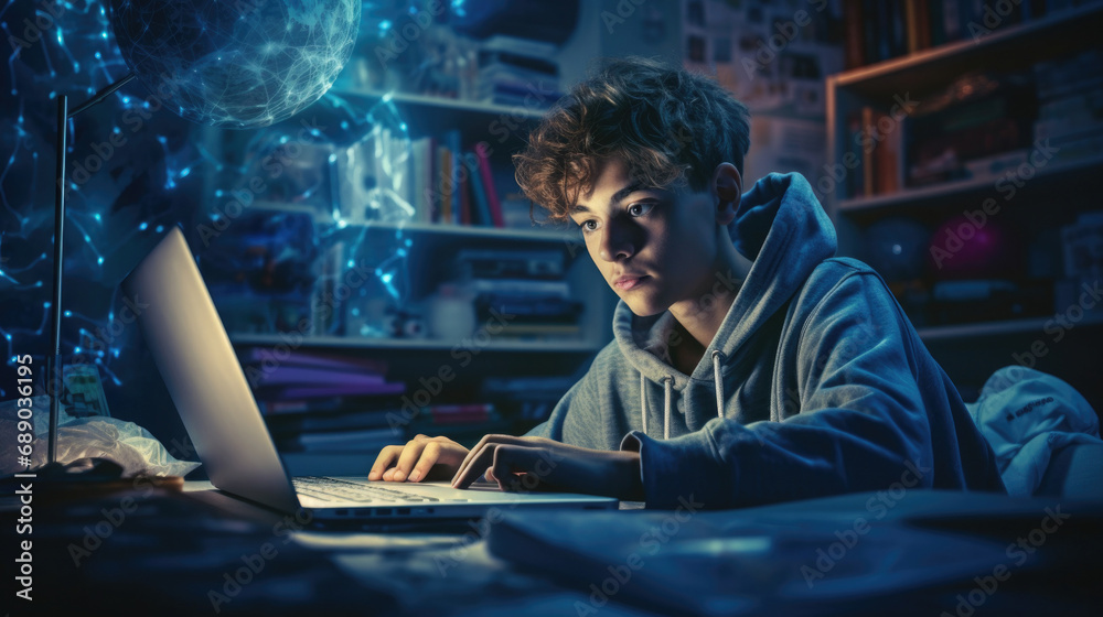 teenage boy in his room sits with a laptop around him, abstraction of ...