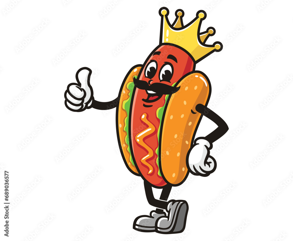 Hot dog king with mustache Cartoon mascot illustration character vector ...