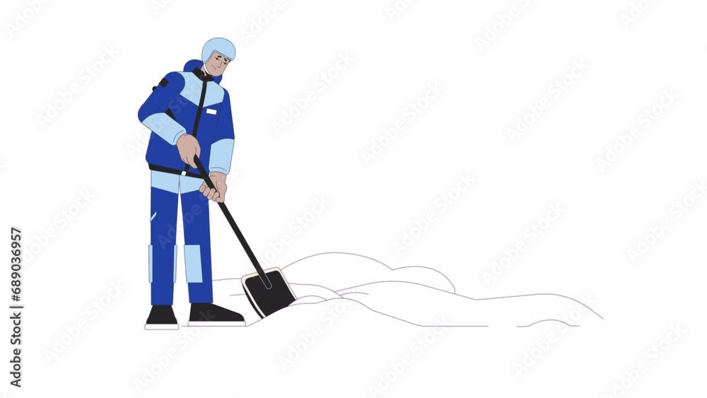Snow mountain rescuer shoveling out line 2D character animation. Snow ...