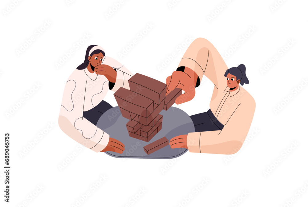 Jenga board game. Happy people building tower of wooden blocks, bricks ...