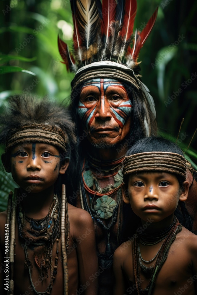 Portrait of the patriarch of a jungle tribe with his two sons Stock ...