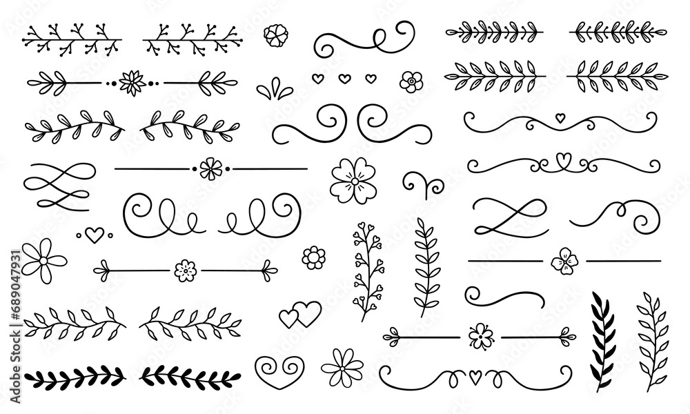 Text dividers doodle set. Wedding decorative elements with leaves ...