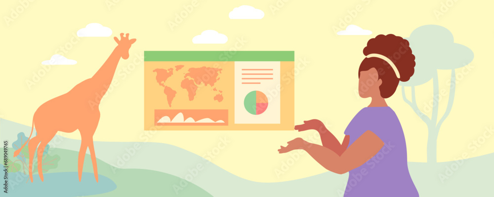 Girl with a giraffe. World map with diagram. Nature of Africa. Vector ...