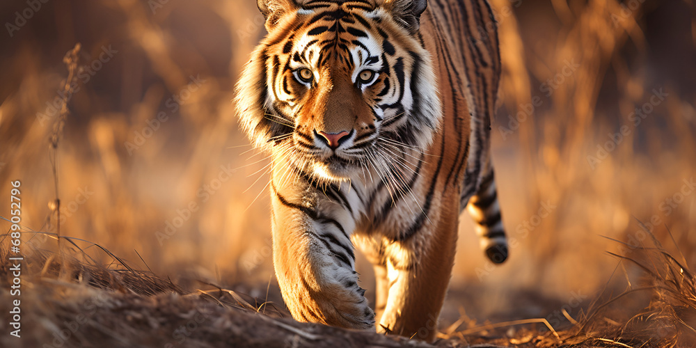tiger in the sun,Photo of tiger on savanna at sunset. Generative AI,A ...