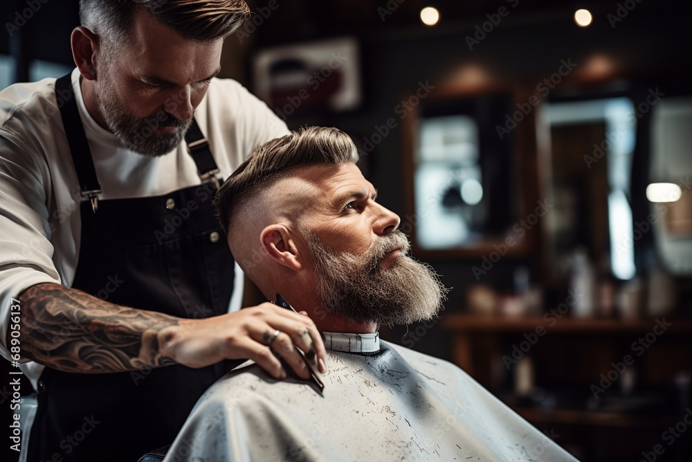 A professional barber skillfully executes a traditional men's haircut ...