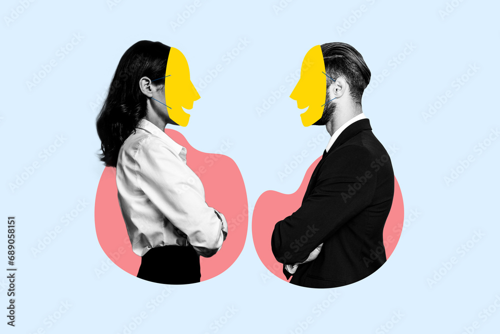 Poster collage picture of confident successful people fake faces and ...