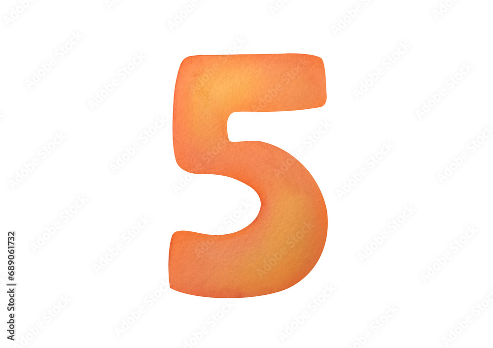 cut out Watercolor one orange digit five 5 isolated on transparent ...
