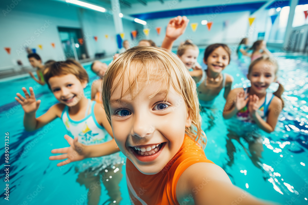 Diverse young children enjoying swimming lessons in pool, learning ...