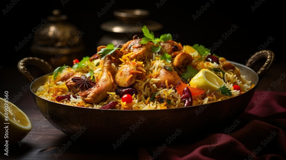 Chicken biryani in a shiny silver bowl, Spicy curry and aromatic ...