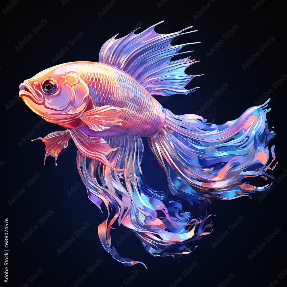 Colorful betta fish with bright fins in UV style on a black background ...