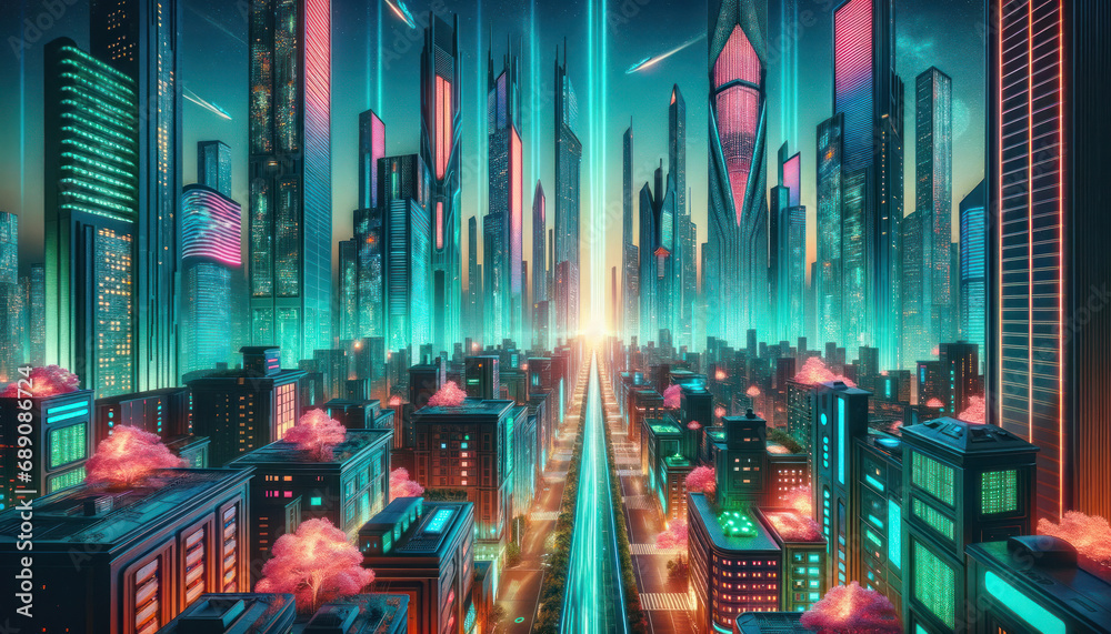 Neon flair dominates a vibrant cyberpunk cityscape, resonating with ...