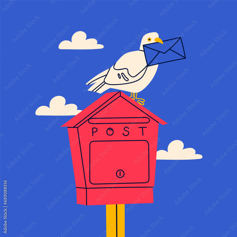 Red postal letterbox. Pigeon holding envelope in beak while sitting on ...