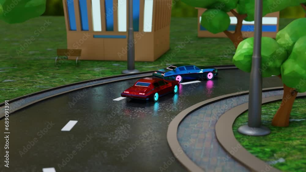 Vidéo Stock stylized cartoon cars drive along a round asphalt road in ...