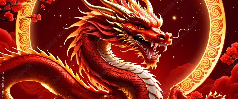 Banner, flyer. Mythical creature, dragon in golden circle. Beautiful ...