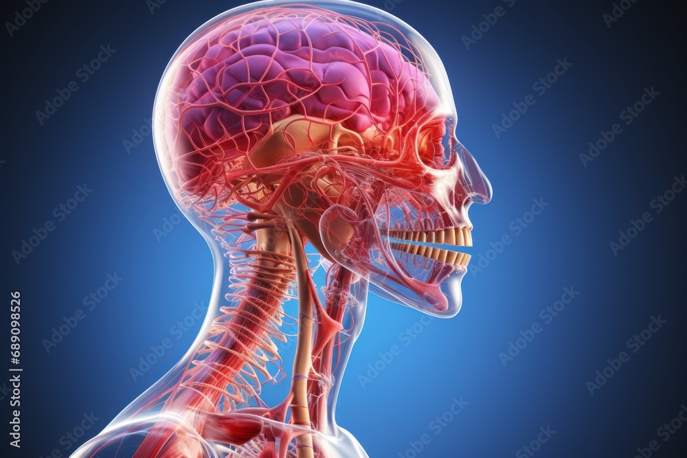 3D illustration of transparent human skull and colorful image human ...