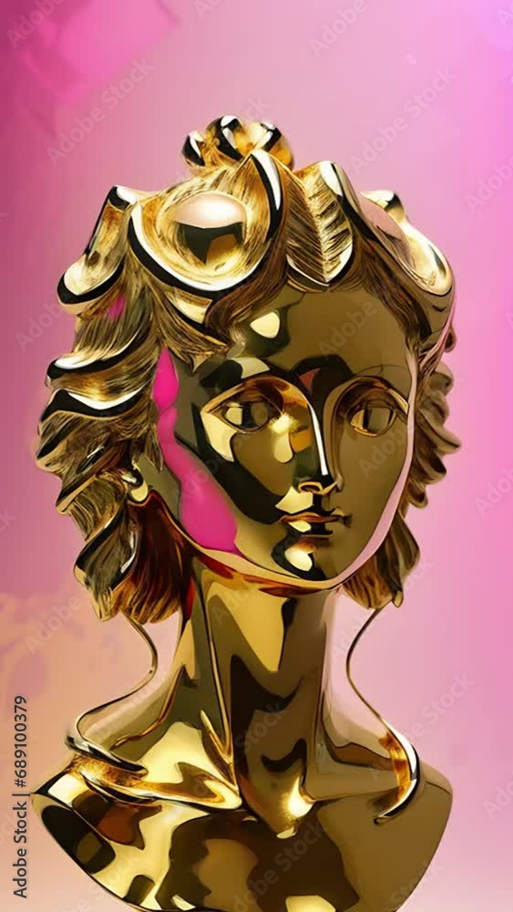 Antique gold statue of female head on vibrant pink background. Golden ...