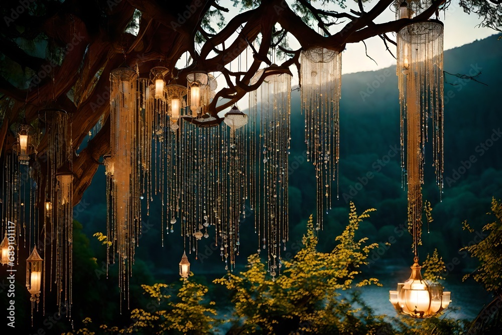 green trees with lush grass and big burger tress in the shine of the ...