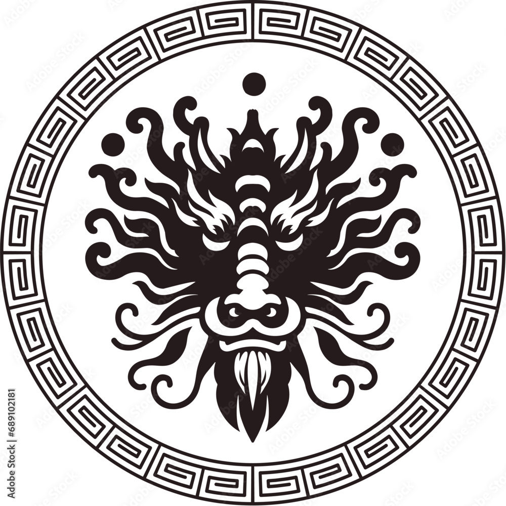 Dragon head front view inside ornamental round frame. Simple shaped ...