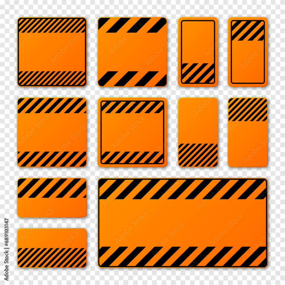 Various blank orange warning signs with diagonal lines. Attention ...