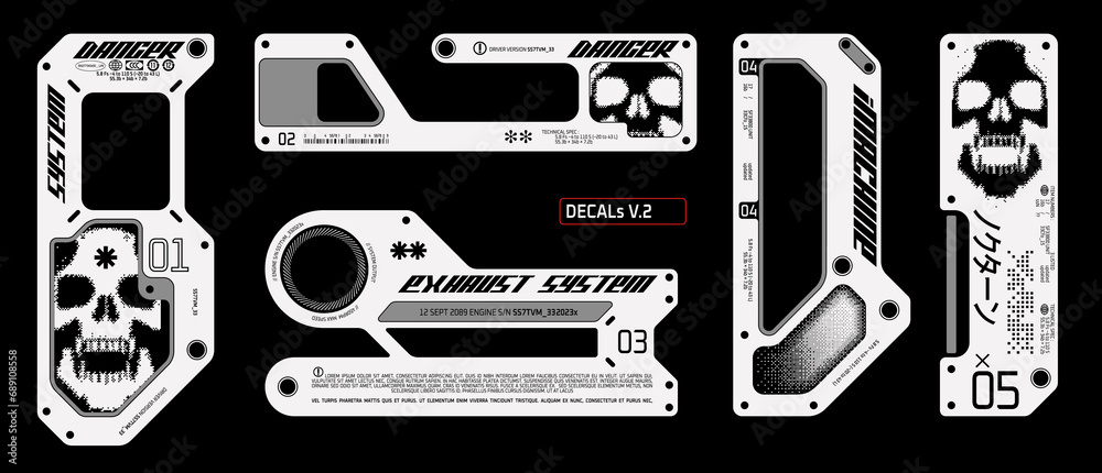 Cyber decal set. Futuristic decal, label, panel, sticker collection ...