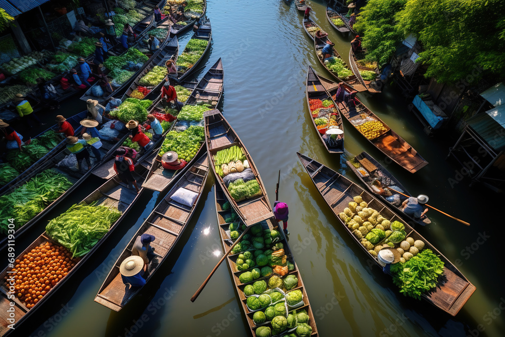 Aerial view famous floating market in Thailand. Floating market, Farmer ...