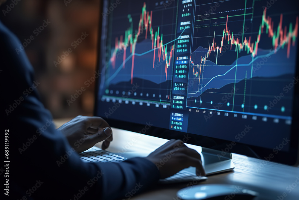 Analyzing data. Close-up of businessman using computer with data ...