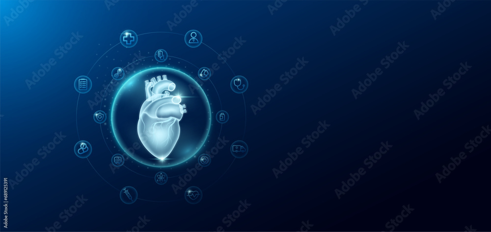 Medical health care. Human heart in transparent bubbles surround with ...