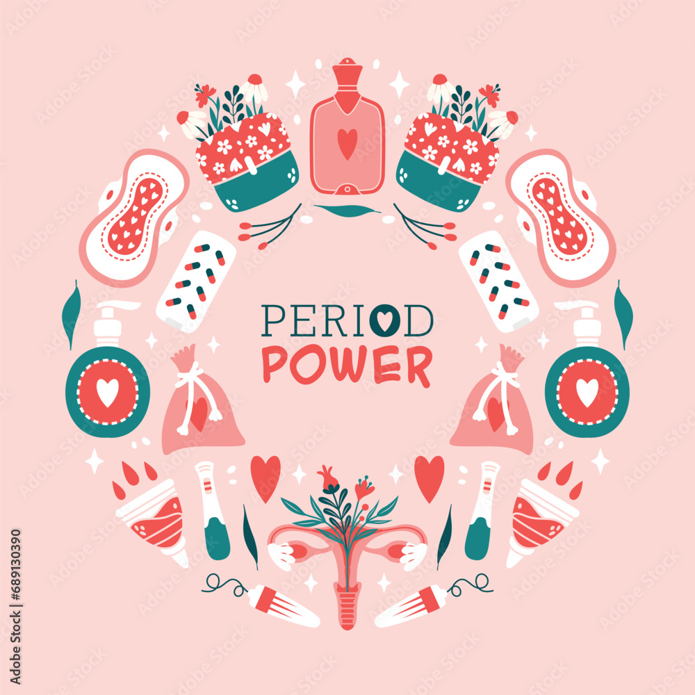 Round banner template for menstrual period. Period power. Card about ...