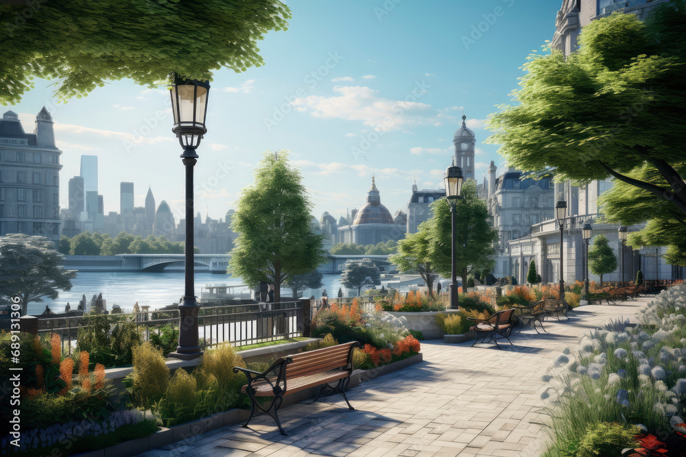 British style apartment building and asphalt road. English style garden ...