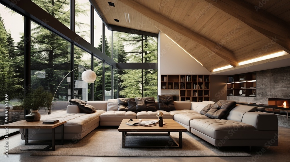 A modernist living room with an asymmetrical ceiling design, combining ...