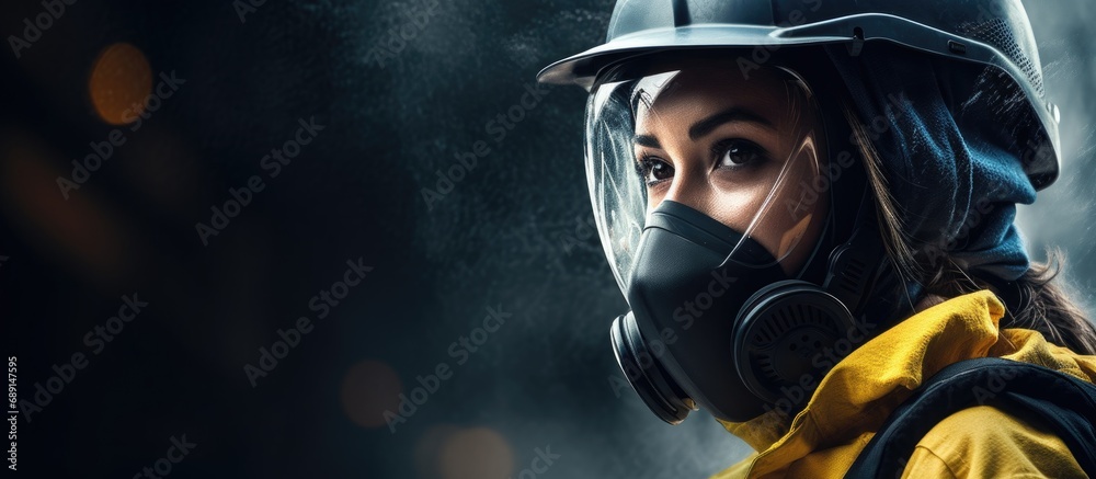 Industrial female worker with PPE dialog box vignette for ads and ...