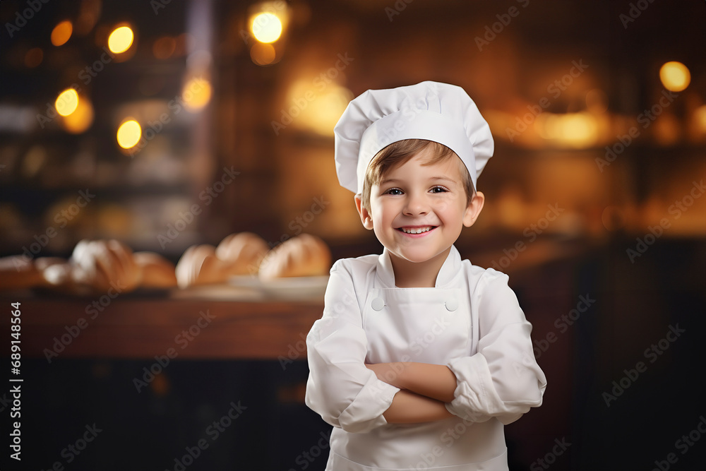 Pastry chef or little chef. child boy making cake or baked bread on the ...