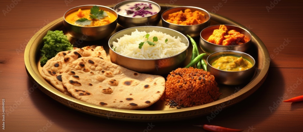 Indian vegetarian food platter with paneer dal chole kofta gulab jamun ...