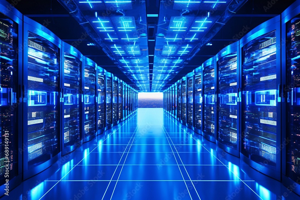 A picture of a data center featuring several rows of fully functional ...