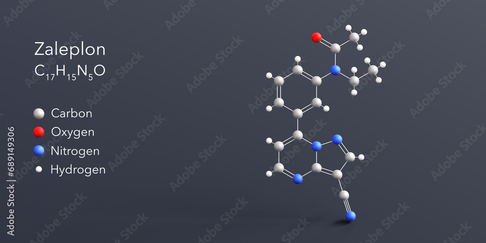 zaleplon molecule 3d rendering, flat molecular structure with chemical ...