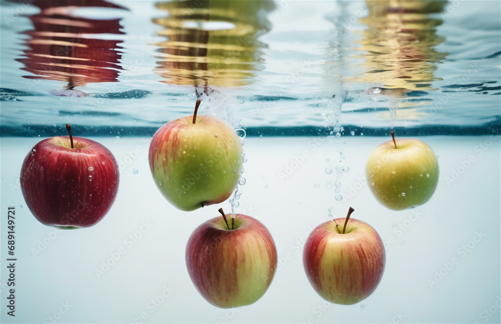 Apple under water with bubbles. fresh apple with water splash and plain ...