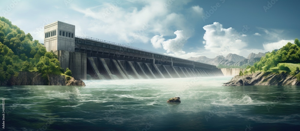 Hydropower plant with turbines and water spills for generating green ...