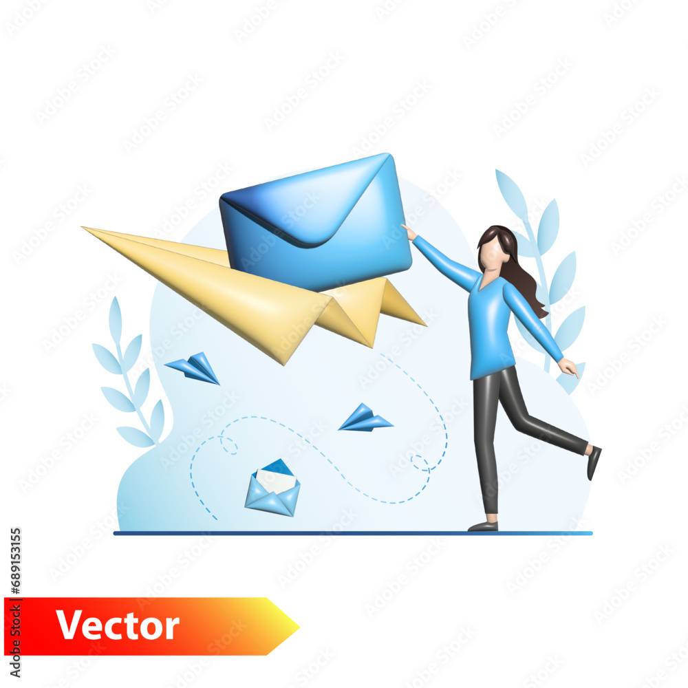Vetor de 3D, vector woman sends a large letter in an envelope by paper ...