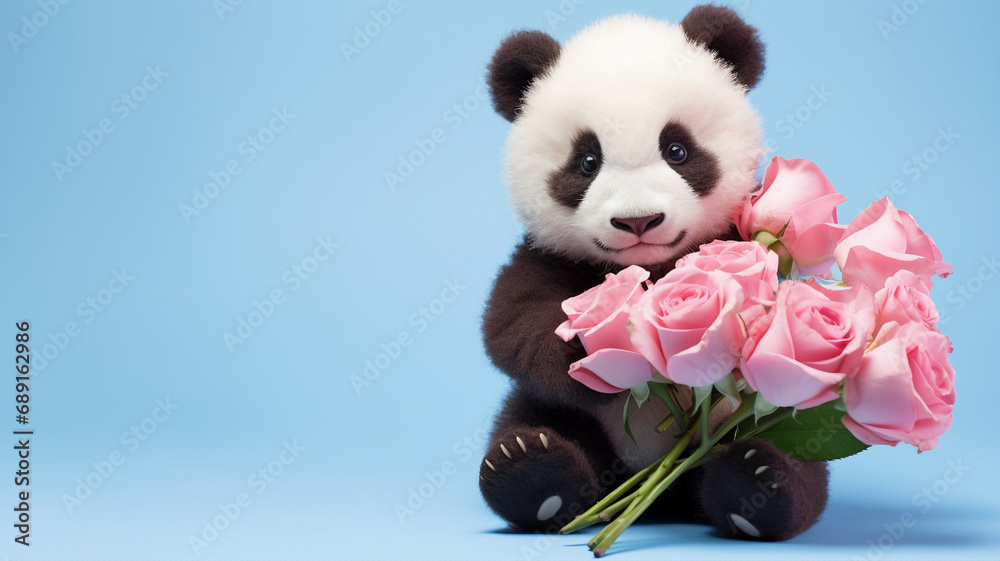 festive background: Charming panda enjoys a bouquet of rose color roses ...