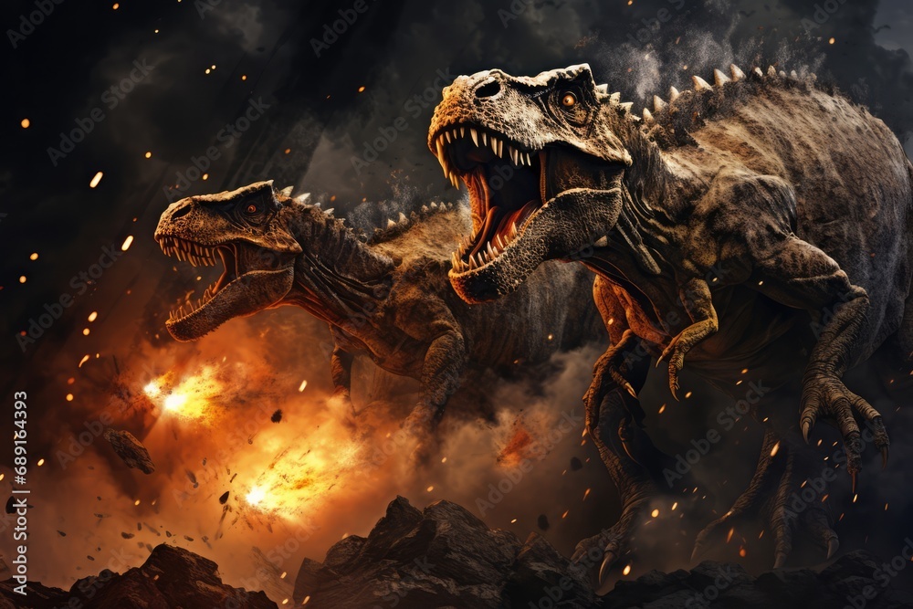 Dinosaurs Extinct With Meteorite Falling, Artwork. Сoncept Astronomy ...