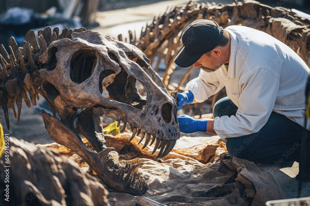 Top View Of Paleontologist Meticulously Cleaning Trex Skeleton. Сoncept ...