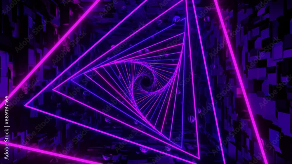 looped 3d animation, VFX purple triangle tunnel with polygonal frames ...
