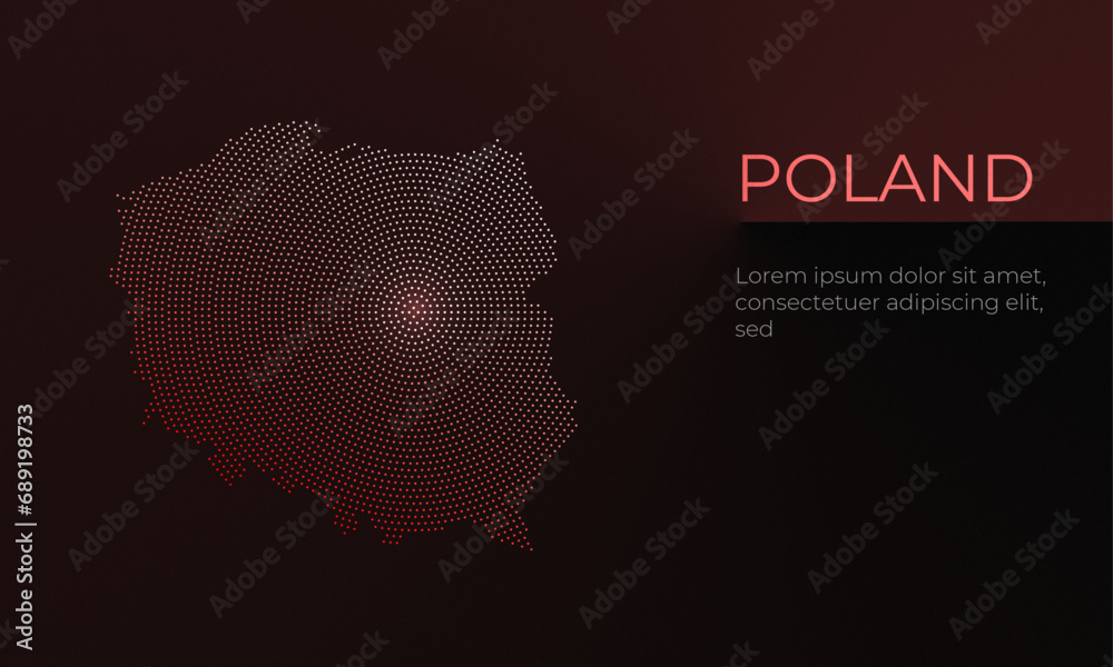Poland map radial dots pattern on a dark red angle gradient background ...