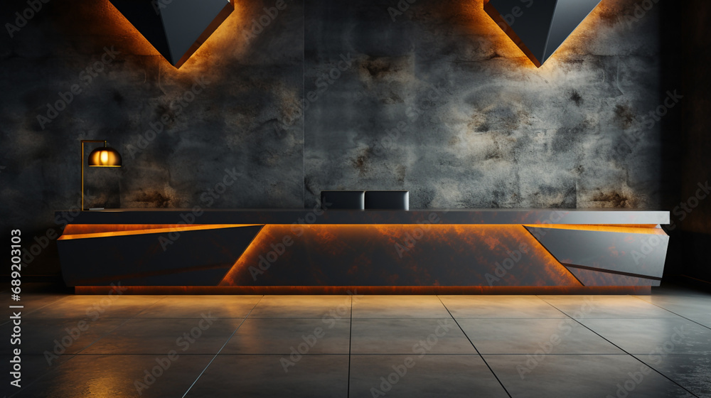 Entrance lobby, modern reception table with dark titanium metallic ...