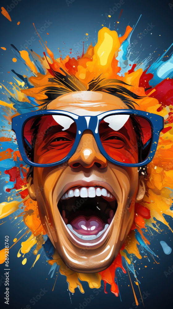 Vivid illustration of happy man shouting on blue orange theme in 16:9 ...